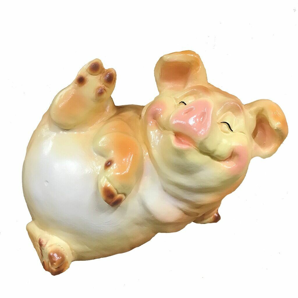 Большая гипсовая копилка Свинка на боку 27 см, желтый поросенок для денег, интерьерный декор и сувенир для дома