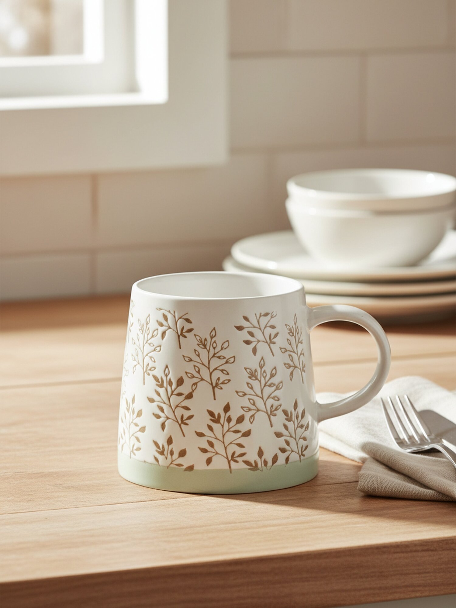 Керамическая кружка Эко ботаника 420 мл для чая и кофе, стильная посуда с растительным дизайном, модель Y4-11316