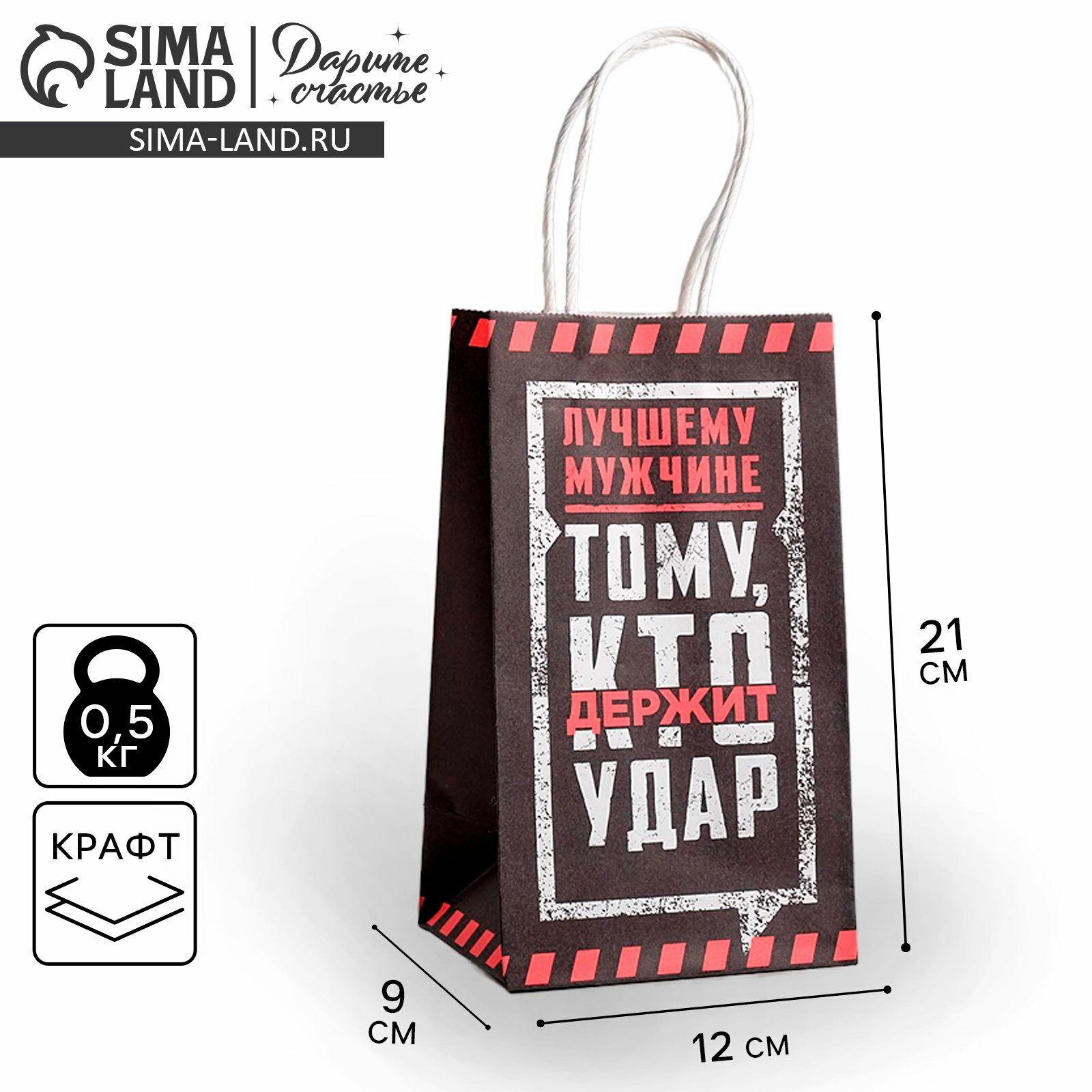 Пакет подарочный крафт, упаковка, "С 23 февраля!", 12x21x9 см, 2 шт.