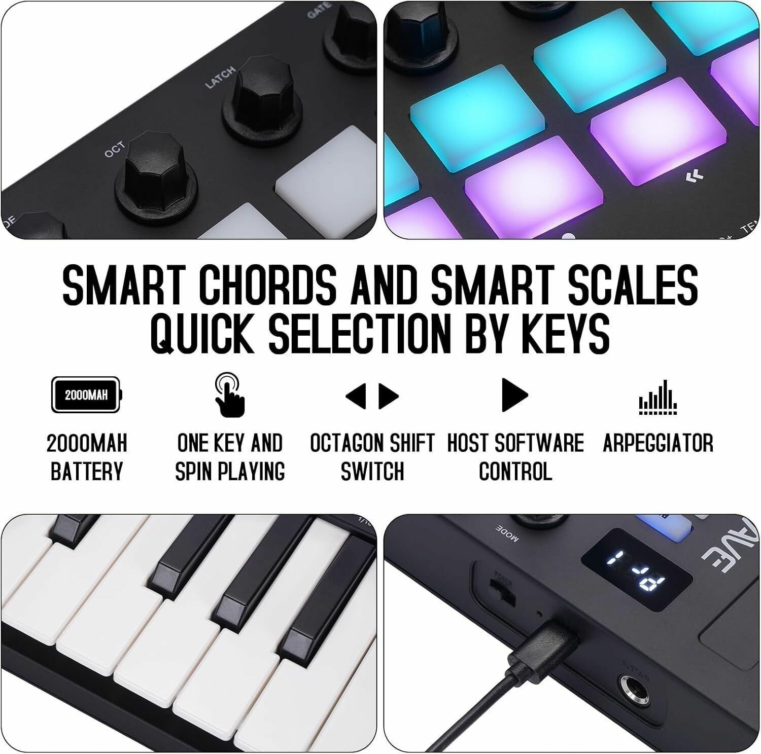 25-клавишный USB-контроллер MIDI-клавиатуры M-VAVE с 8 ударными площадками с подсветкой