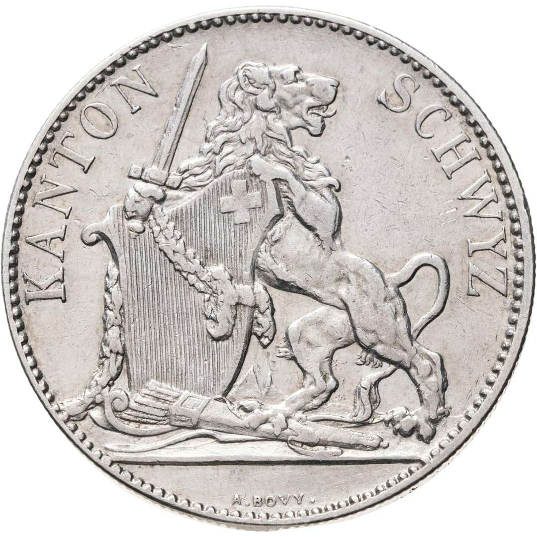 Швейцария 5 франков 1867 "Стрелковый фестиваль в Швице", Серебро 835, в сохранности XF