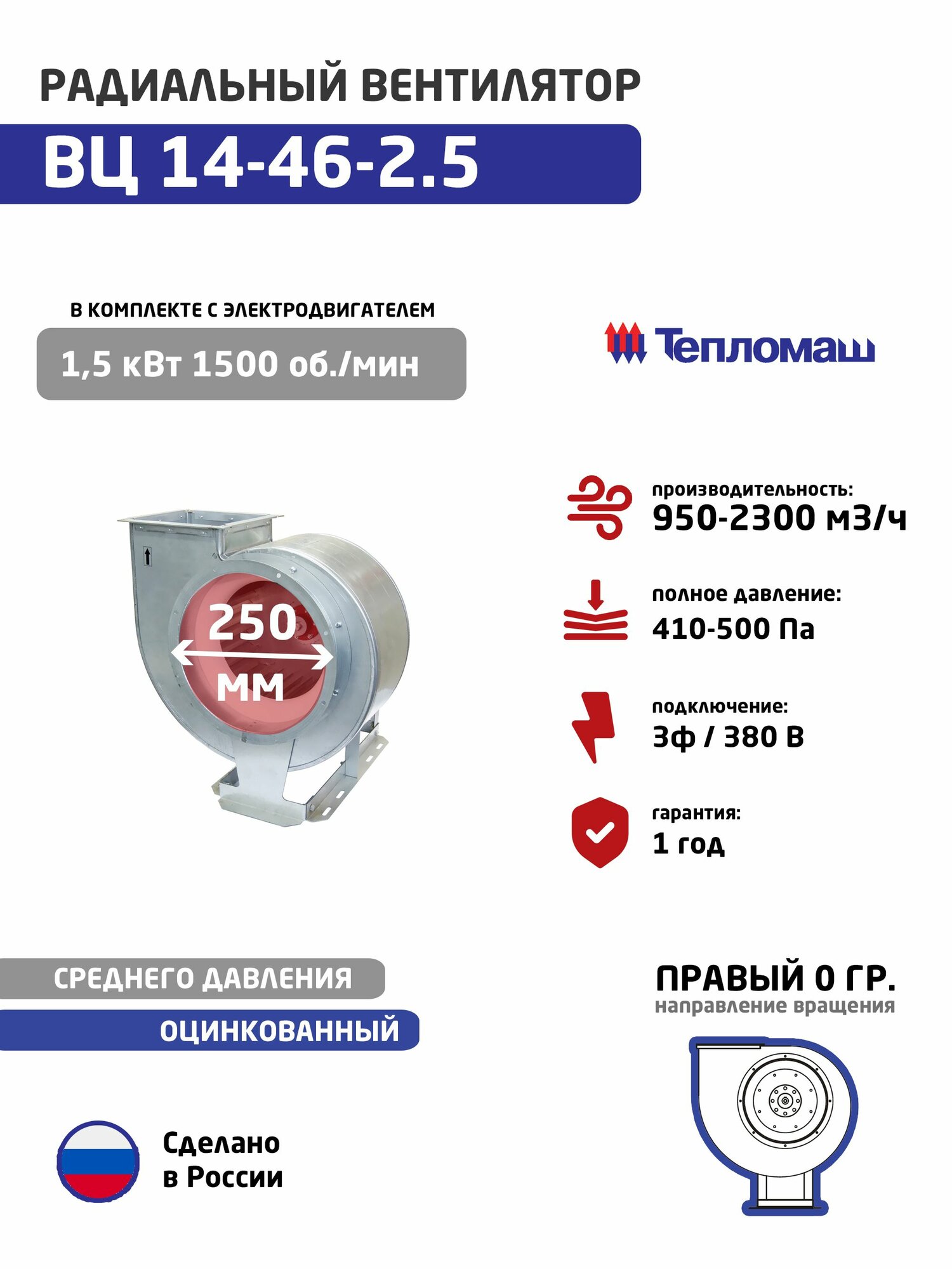 Вентилятор радиальный ВЦ 14-46-2,5 1,5*1500 Правый 0 оцинкованный 380В (аналог ВР 280-46, ВР 300-45)