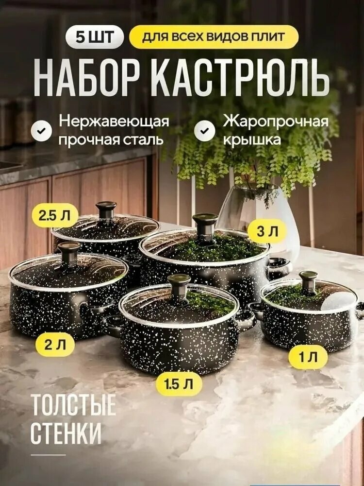 Набор кастрюль, сталь, эмалированные, антипригарное покрытие, черный цвет