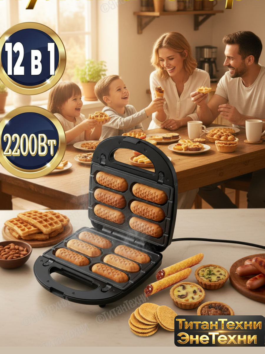 Орешница электрическая с 12 сменными панелями: для вафель, сэндвичей, гриля, орешков, пончиков, корн- дог