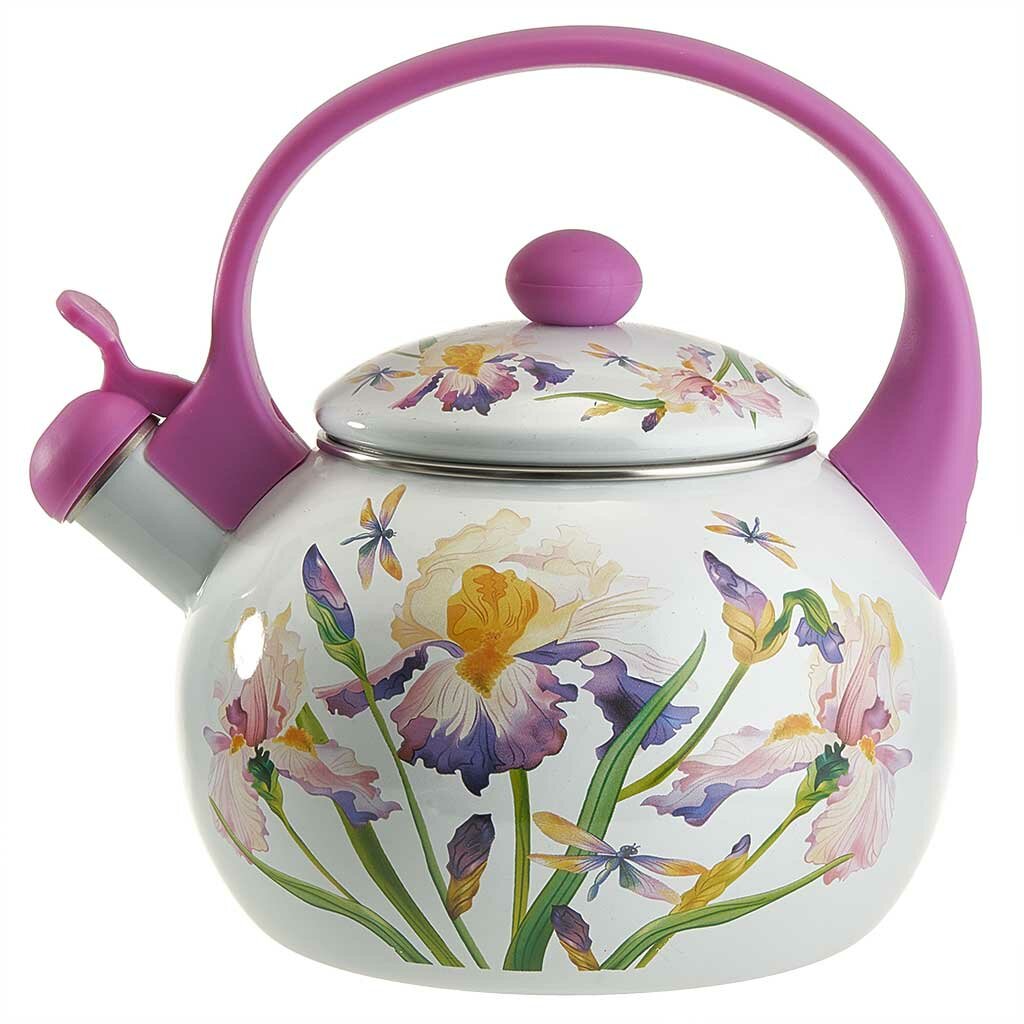 Чайник 2,5 л эмалированный со свистком EM-1323 Ирисы, эргономичная пластиковая ручка