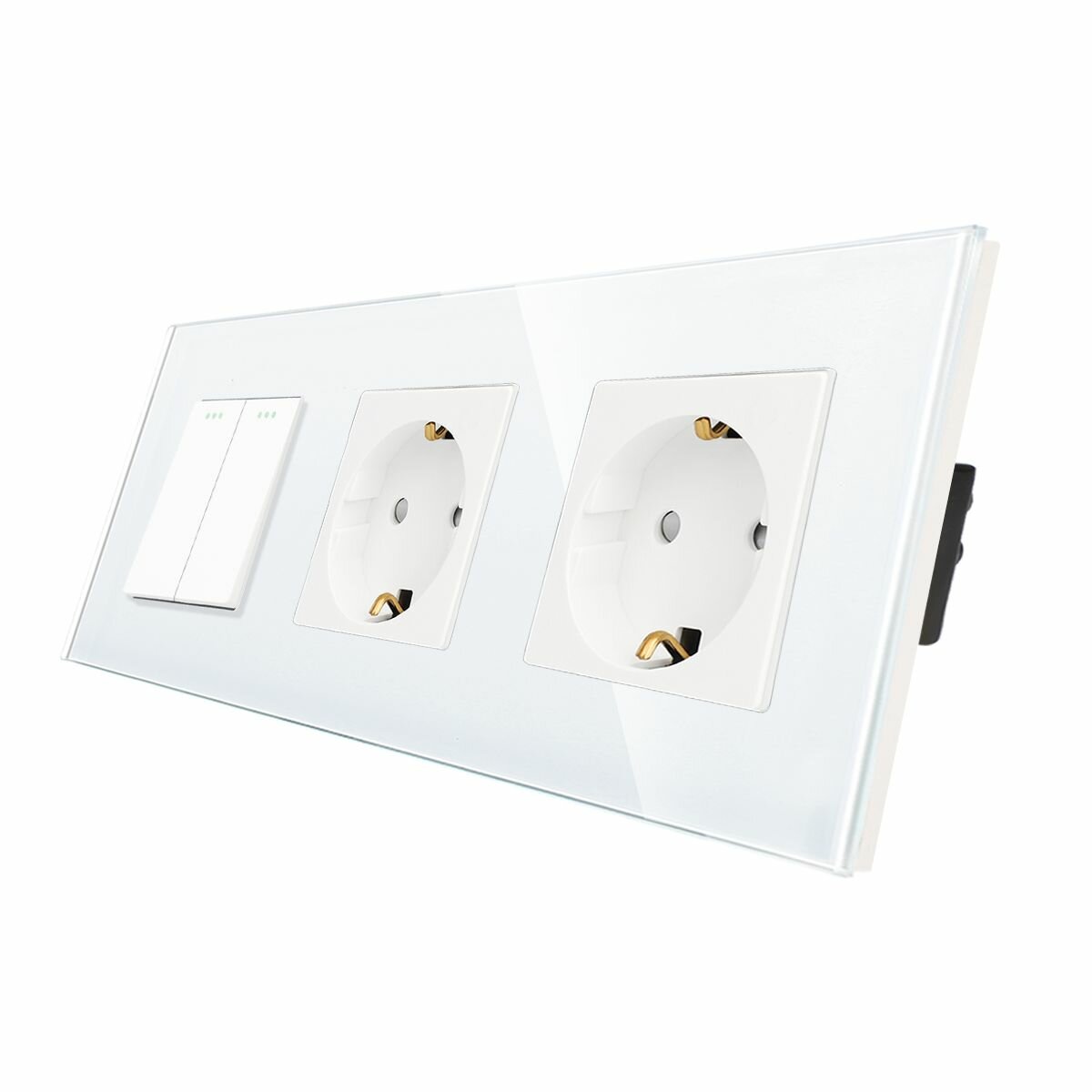Проходной Выключатель механический с розеткой, 2 клавиша 2 розетки, 3 поста (M1+2F), рамка стекло 228х86мм, цвет белый