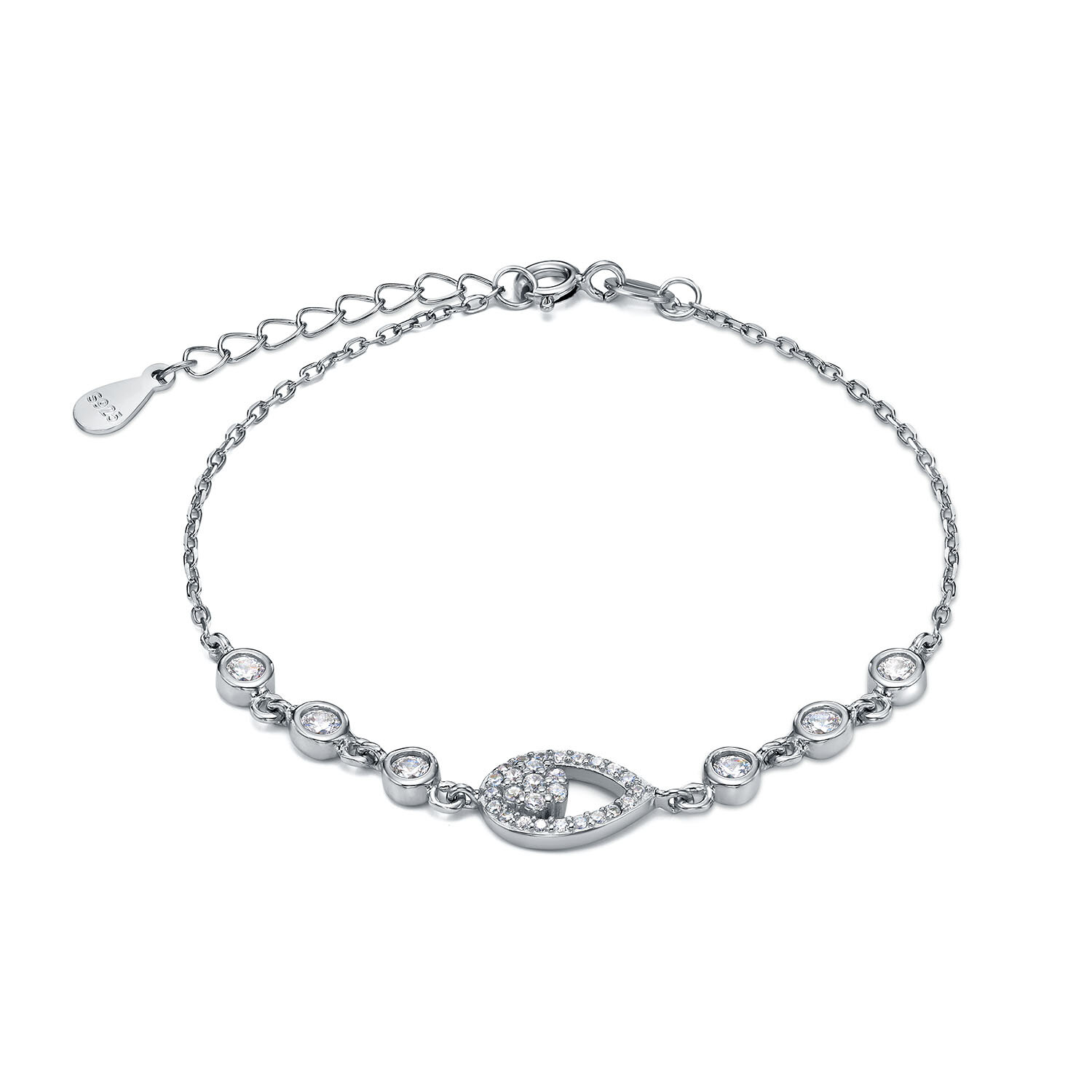 Браслет-цепочка, серебро, 925 проба, родирование, фианит