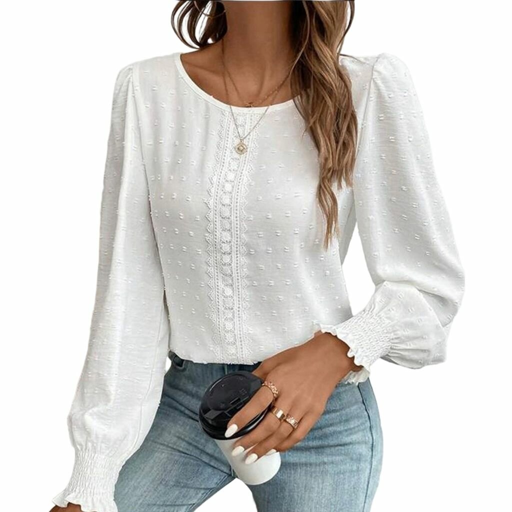 Повседневная блузка в богемном стиле с V-образным вырезом, длинными рукавами, из шифона в горошек, с ниспадающим кружевом, связанная крючком, - белая - размер S