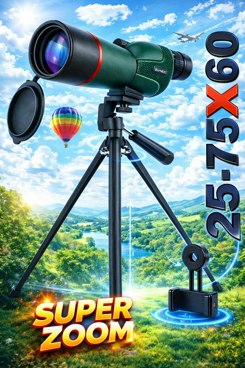 Мощный и компактный телескоп с зуммированием 25-75x60 HD ZOOM BAK4, чехол, штатив, насадка для смартфона