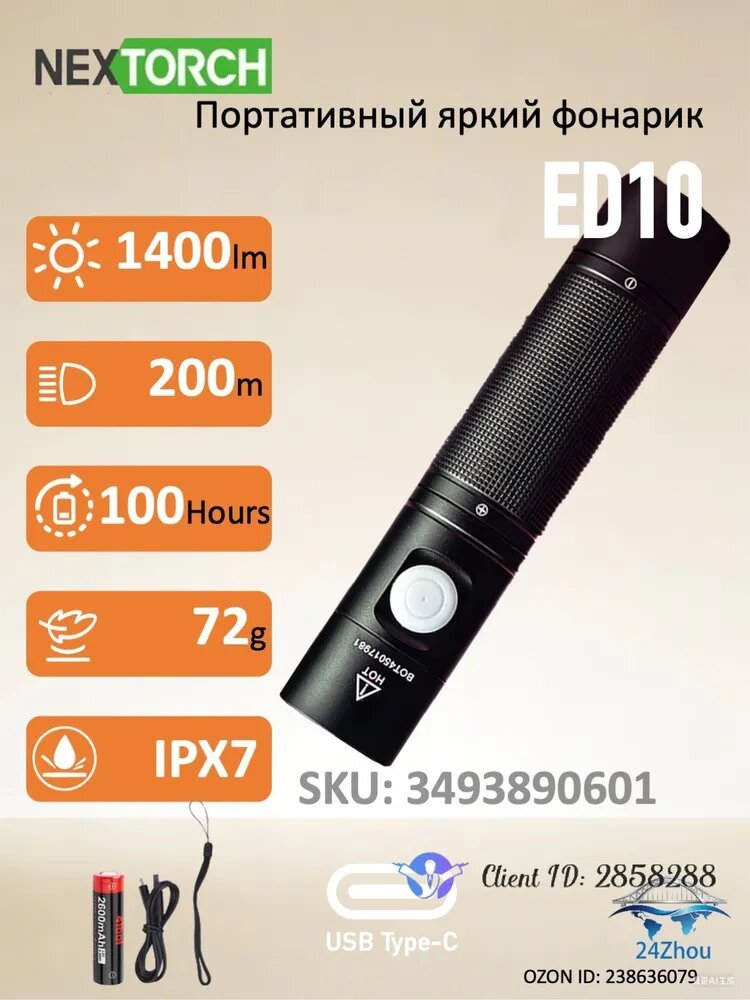 Nextorch ED10 Фонарь-прожектор 1400lm портативный яркий фонарик USB Type-C