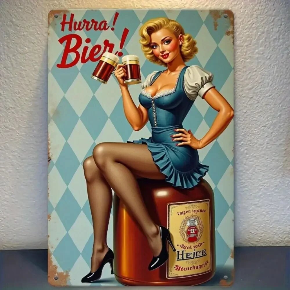 Ретро вывеска "HURRA! BIER!" 20x30 см, голубая