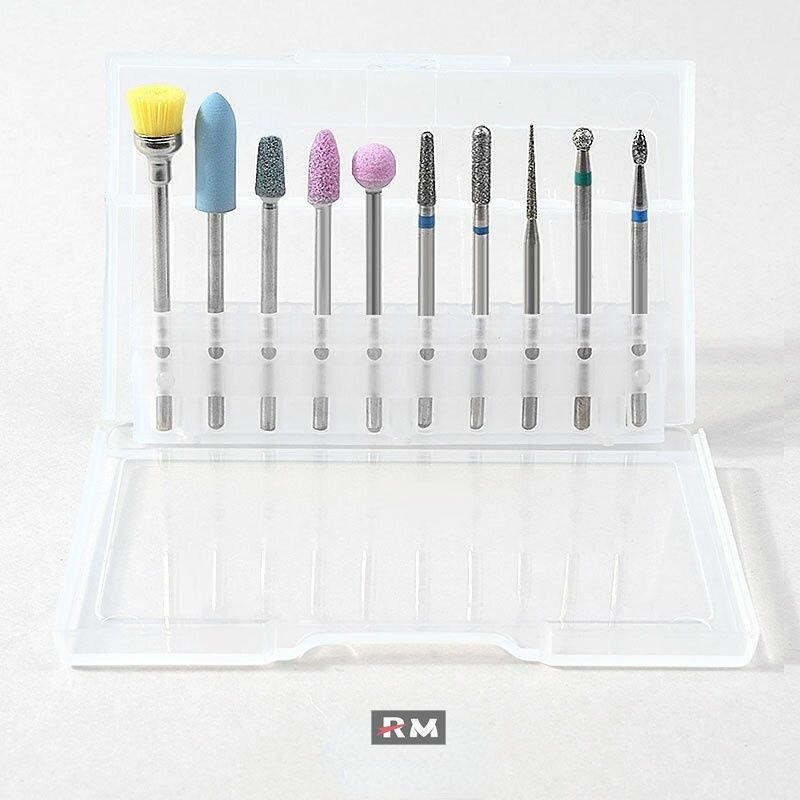 RM Набор алмазных Фреза для аппаратного маникюра и педикюра 10 упаковок (шар, игла, полировщик, пламя, корундовые фрезы)