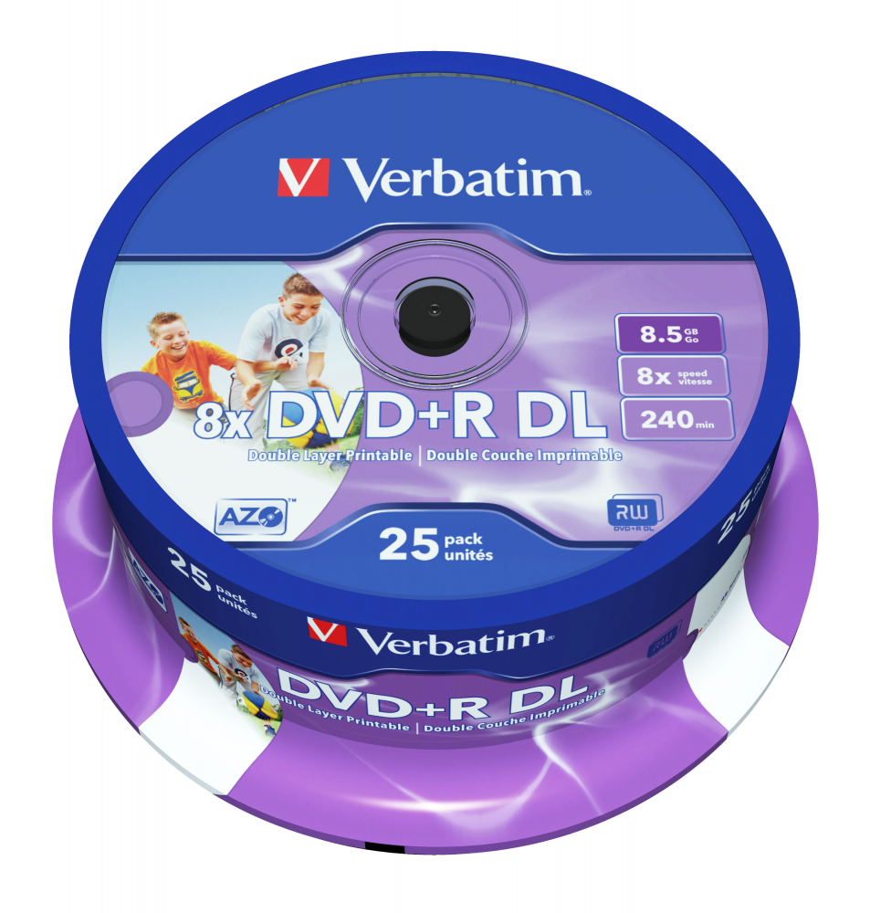 Диск оптический Verbatim DVD+R DL 8x 8,5GB AZO Wide Inkjet Printable no ID, Cake Box, 25 шт.