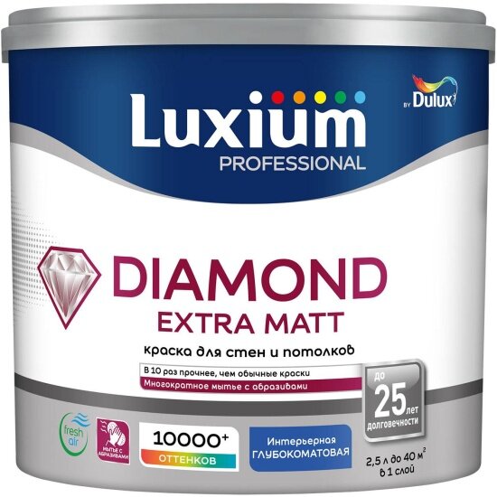 Краска для стен и потолков, водно-дисперсионная Luxium Diamond Matt матовая база BW 2,5 л