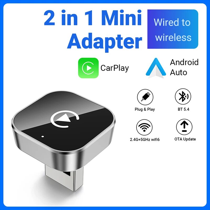 Новый адаптер 2-в-1 Mini Wireless CarPlay и Android Auto с Wi-Fi 5 ГГц, Smart Box Plug and Play с разъемом Type-C/USB для авт.