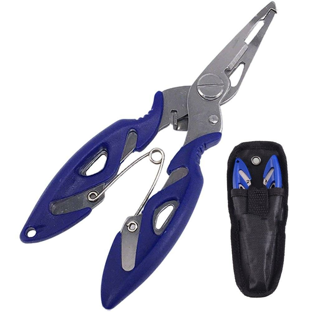 Щипцы, плоскогубцы рыболовные универсальные для рыбалки с чехлом, для разжимания заводных колец, ножницы рыболовные для лески и плетенки 12,5 см синий