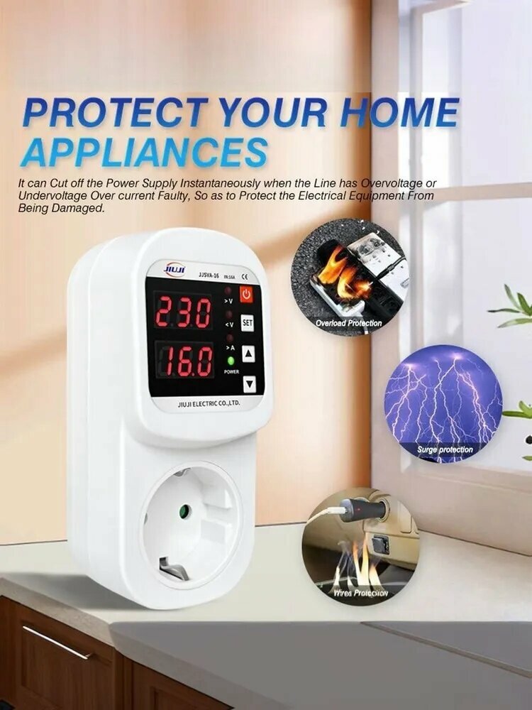 Защитная розетка-реле 16А с вольтметром и амперметром, контроль напряжения и тока, защита от перенапряжения
