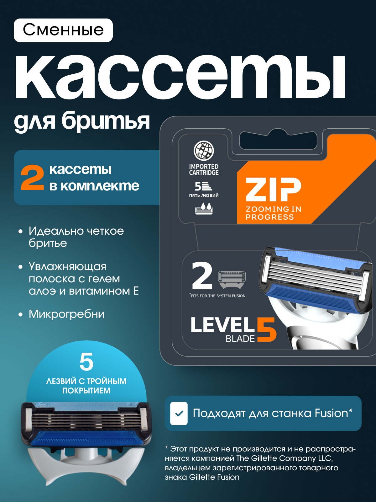 Кассеты сменные для бритвенного станка Zip Level, 5 лезвий, 2шт