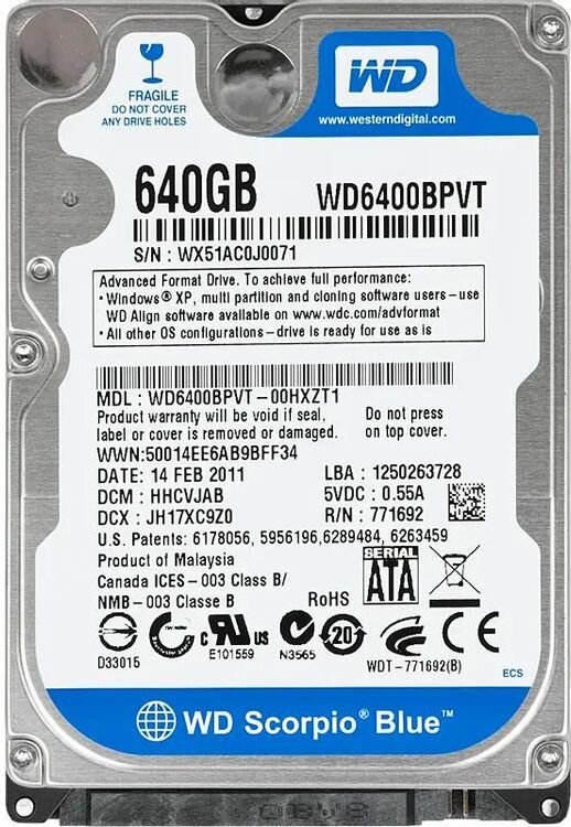 Внутренний жёсткий диск HDD 2.5' WD "SCORPIO BLUE", 640ГБ, WD6400BPVT