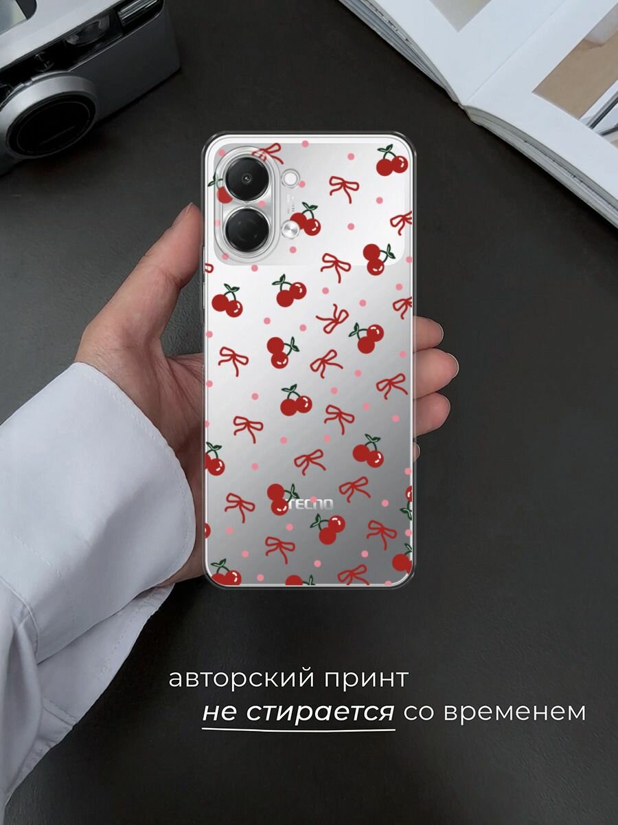 Чехол на Tecno Spark Go 3 / Текно Спарк Го 3 с принтом Вишни и ленточки, прозрачный — фото 1