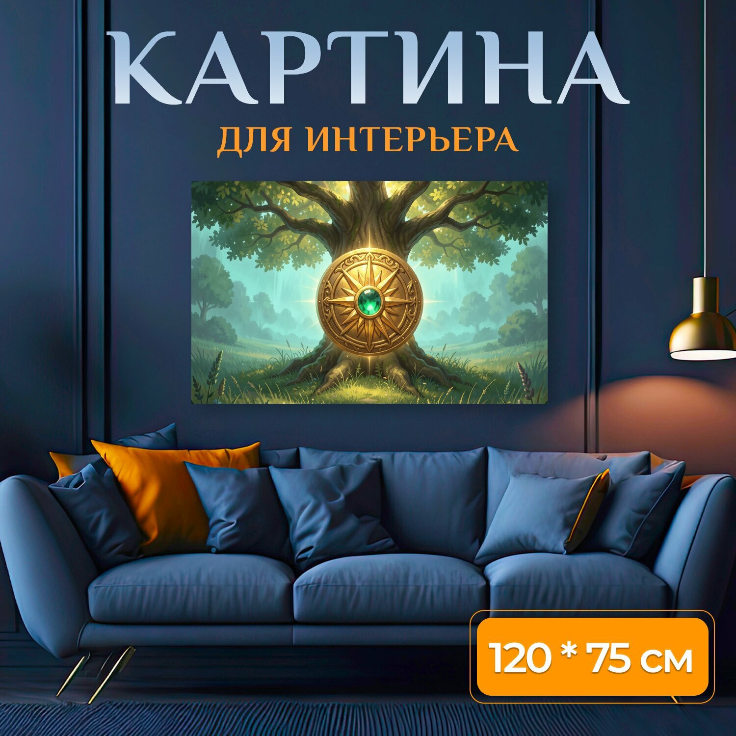 Картина на холсте "Волшебное древо и золотой амулет. Сказочный лесной пейзаж с огромным раскидистым деревом, сияющим солнечным светом и." на подрамнике 120х75 см. для интерьера
