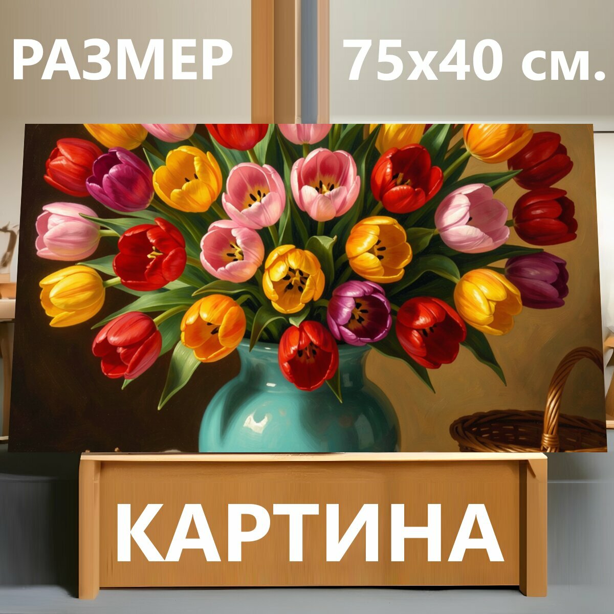Картина на холсте "Букет тюльпанов с фруктами. Яркий натюрморт в живописной манере: разноцветные весенние бутоны в бирюзовой вазе, рядом яблоки." на подрамнике 75х40 см. для интерьера