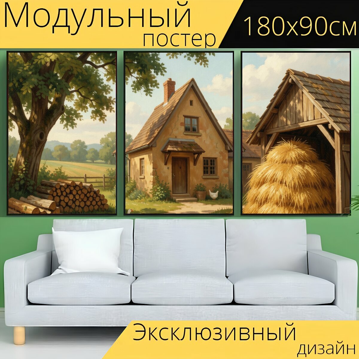 Модульный постер "Деревенский двор с гусями. Уютная сельская сцена в теплых золотистых тонах: домик, амбар с сеном, дрова, гуси и куры." 180 x 90 см. для интерьера на стену в тубусе