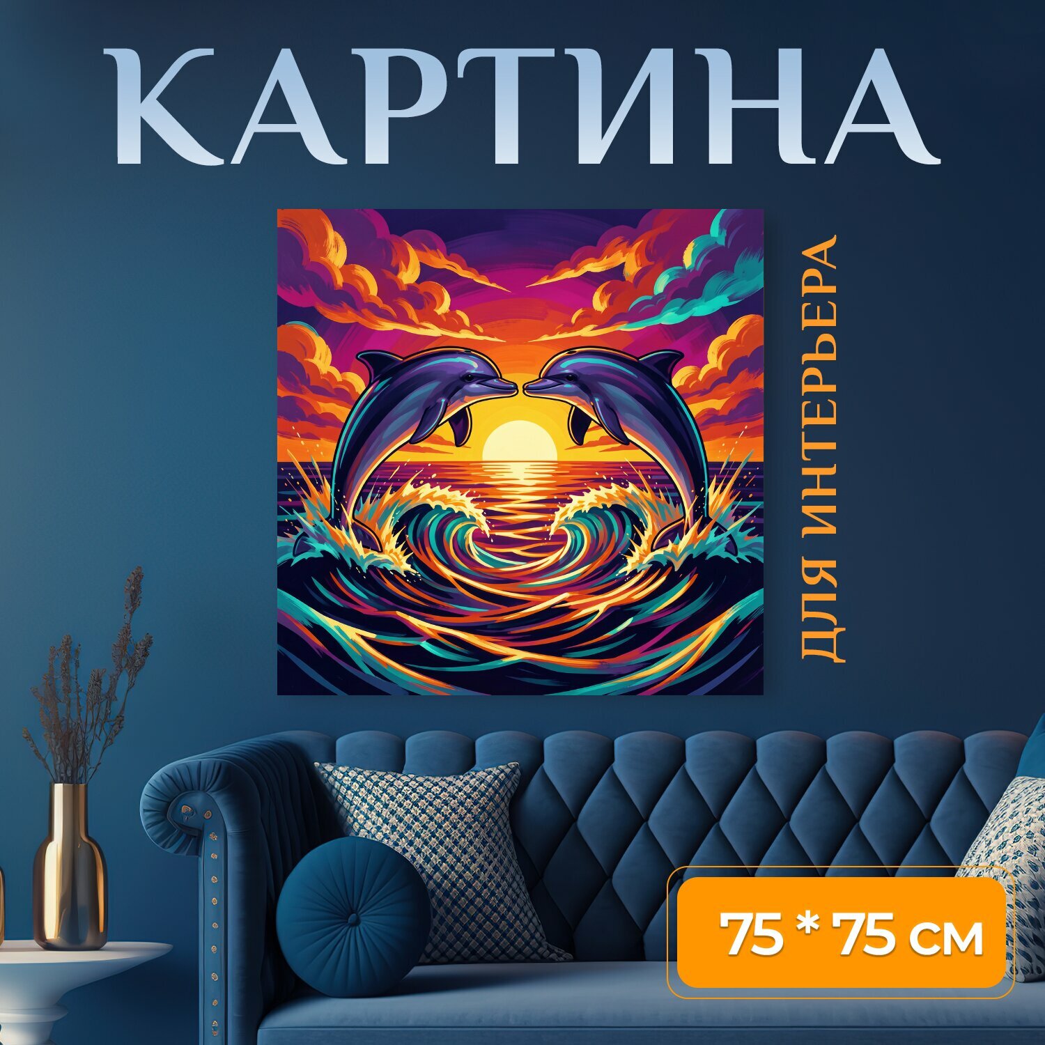 Картина на холсте "Дельфины на закате у океана. Яркая неоновая иллюстрация с двумя морскими дельфинами, прыгающими над волнами на фоне." на подрамнике 75х75 см. для интерьера