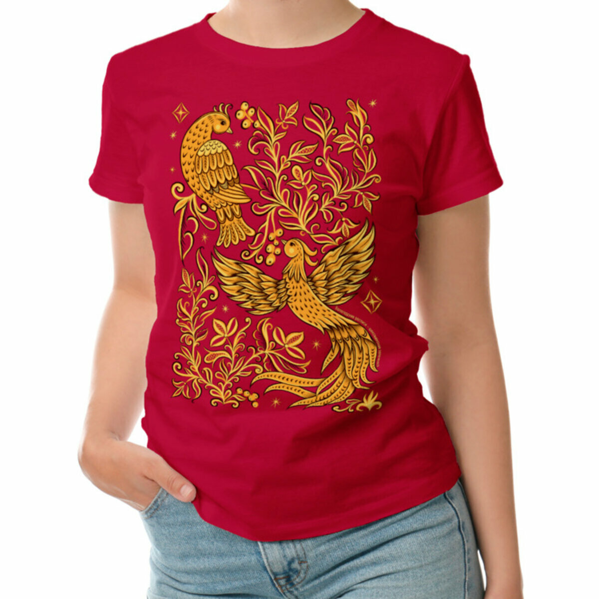 Женская футболка «Вологодские росписи - шекснинская золоченка» (красный, S)