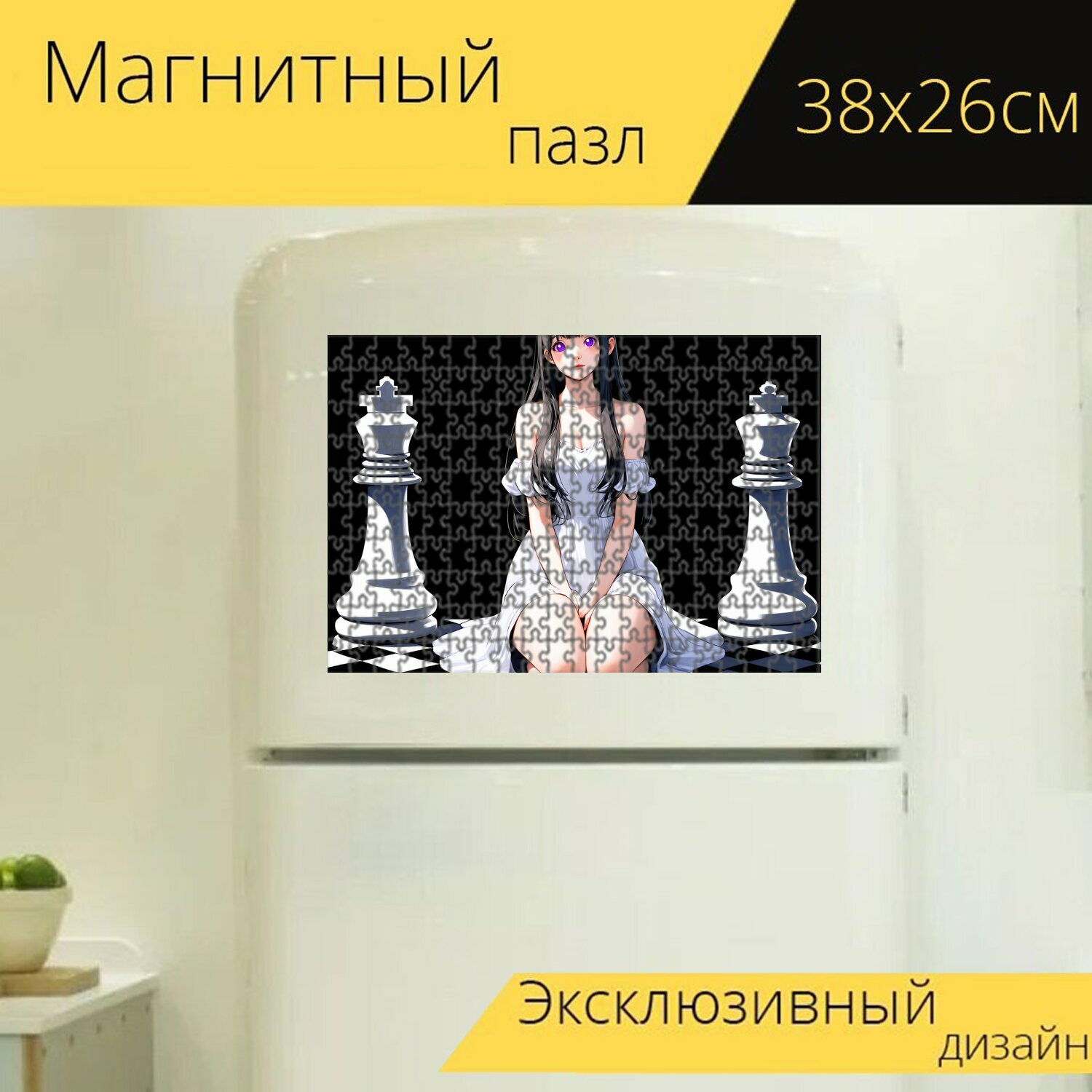 Магнитный пазл "Девушка в белом платье с длинными волосами и фиолетовыми глазами сидит на черно-белой шахматной доске, окруженная большими белыми шахматными." для интерьера, 38х26 см.