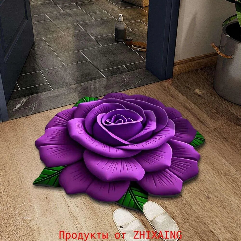 Ковер Розы 3D 80x80 см для ванной комнаты, коврик в форме цветка из искусственной шерсти — фото 1
