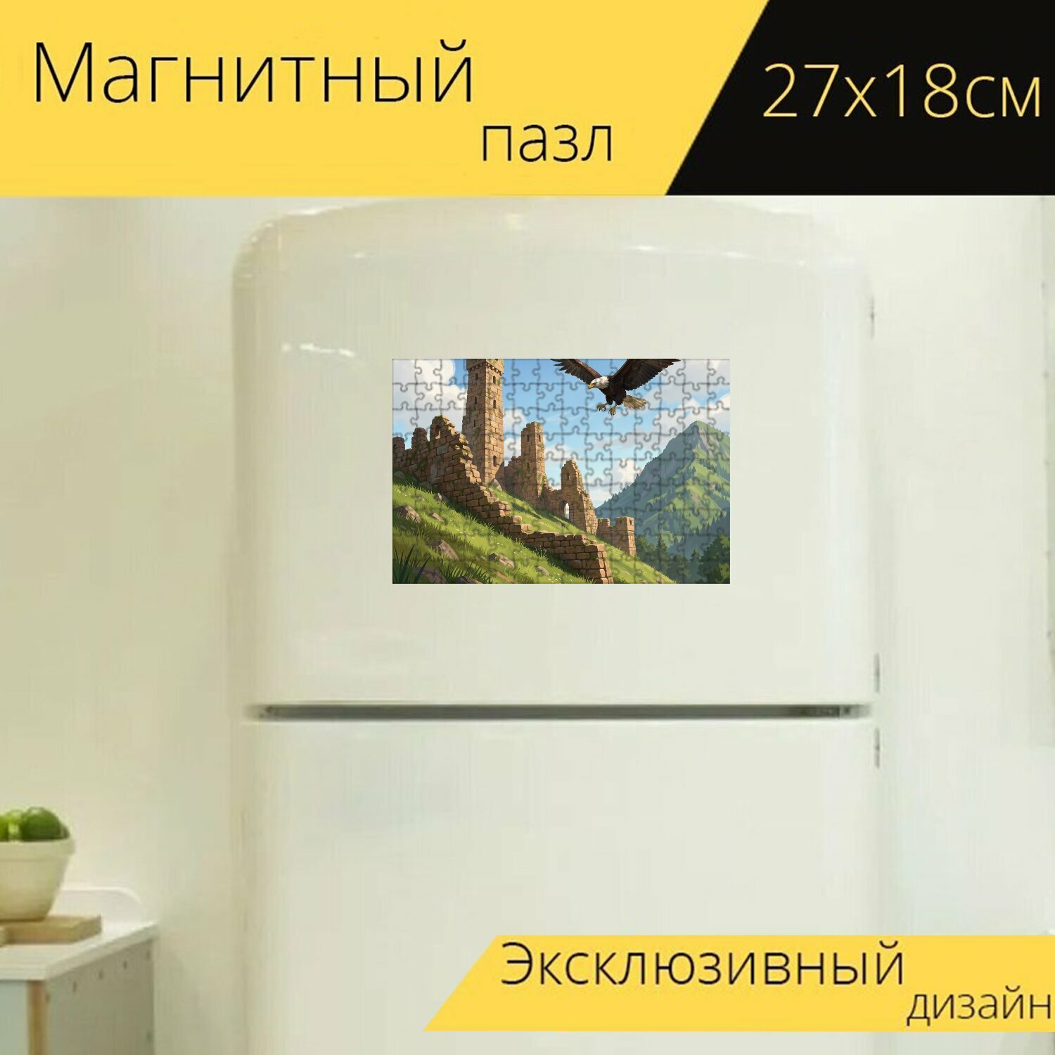 Магнитный пазл "Орел над горными руинами. Парящий хищный орлан в ясном небе над древними каменными развалинами и зелёным склоном, живописный." на холодильник 27 x 18 см.
