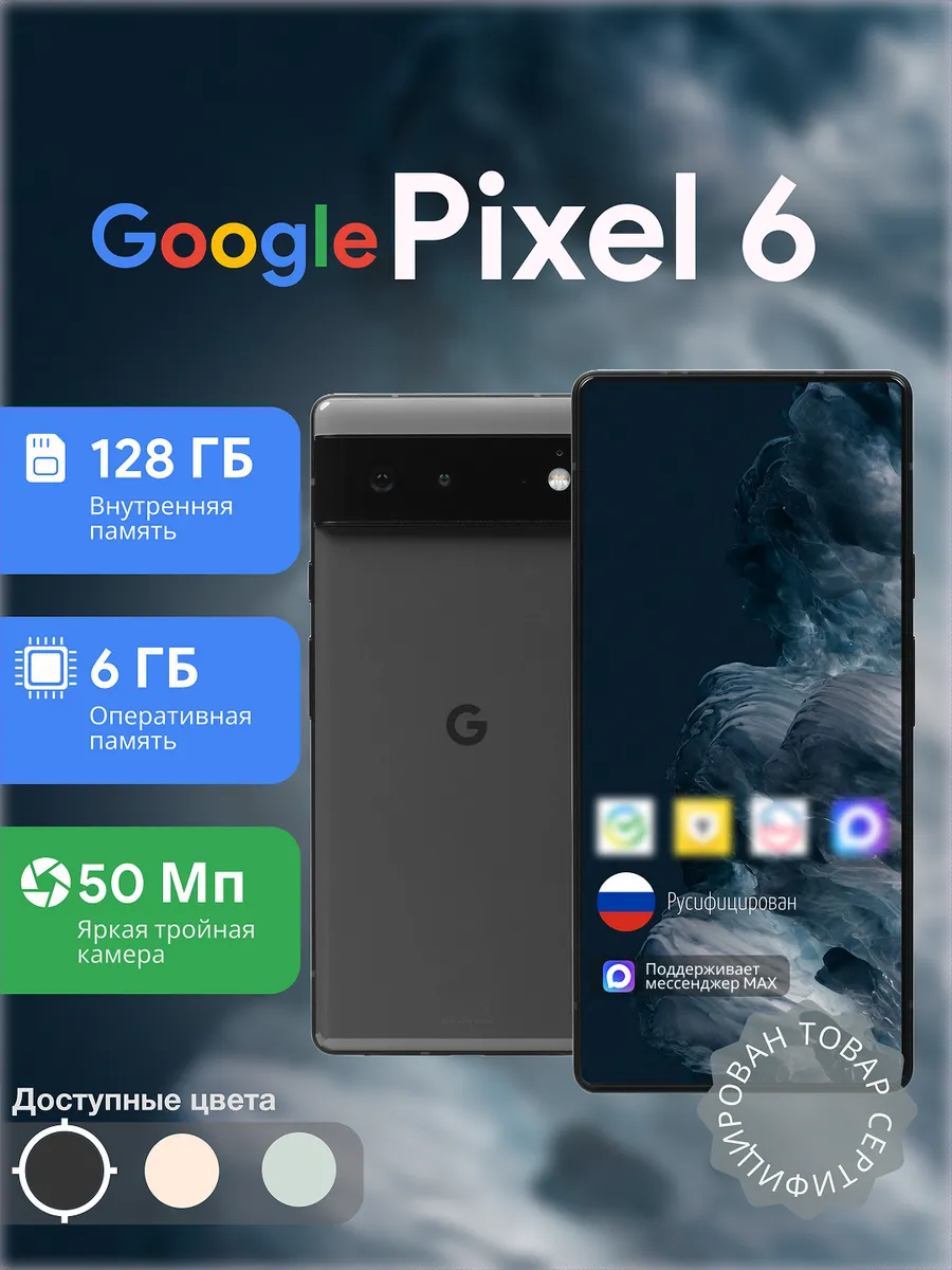 Смартфон Google Pixel 6 8/128 ГБ USA, nano SIM+eSIM, stormy black