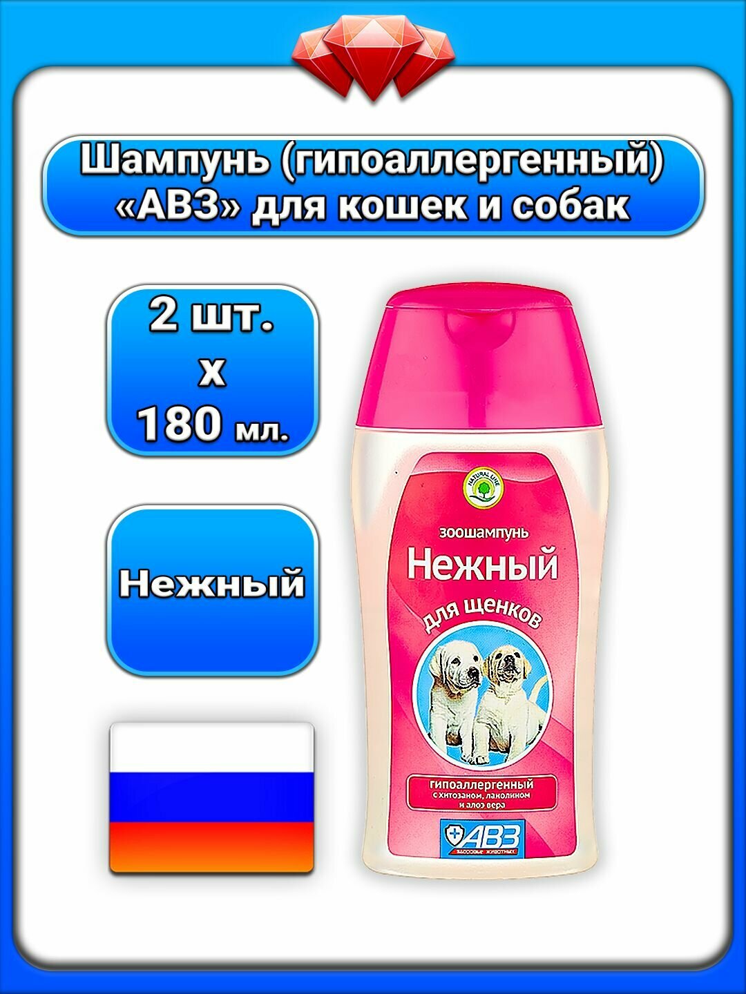 (2 x 180 мл) / АВЗ, Шампунь (гипоаллергенный) Нежный для щенков, мягкое очищение, бережный уход за кожей и шерстью, увлажнение, защита чувствительной кожи, безопасная формула