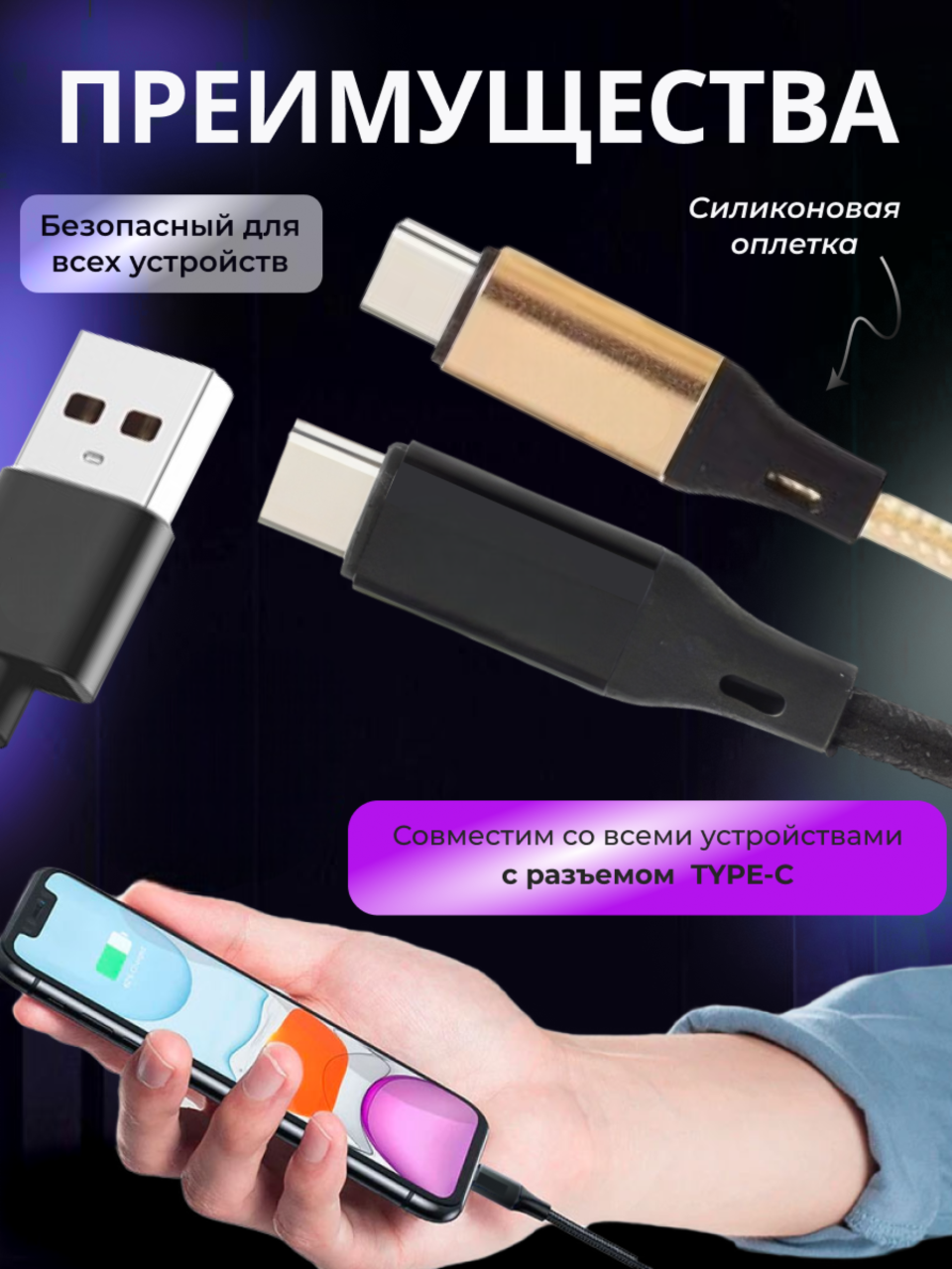 Кабель ArtHouse3D, USB Type-C, нейлоновая оплетка, цвет случайный, длина 1 м — фото 1