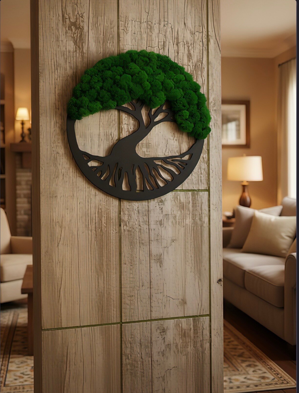 Панно МОХнатая Студия "Дерево жизни", из мха и дерева, диаметр 30см