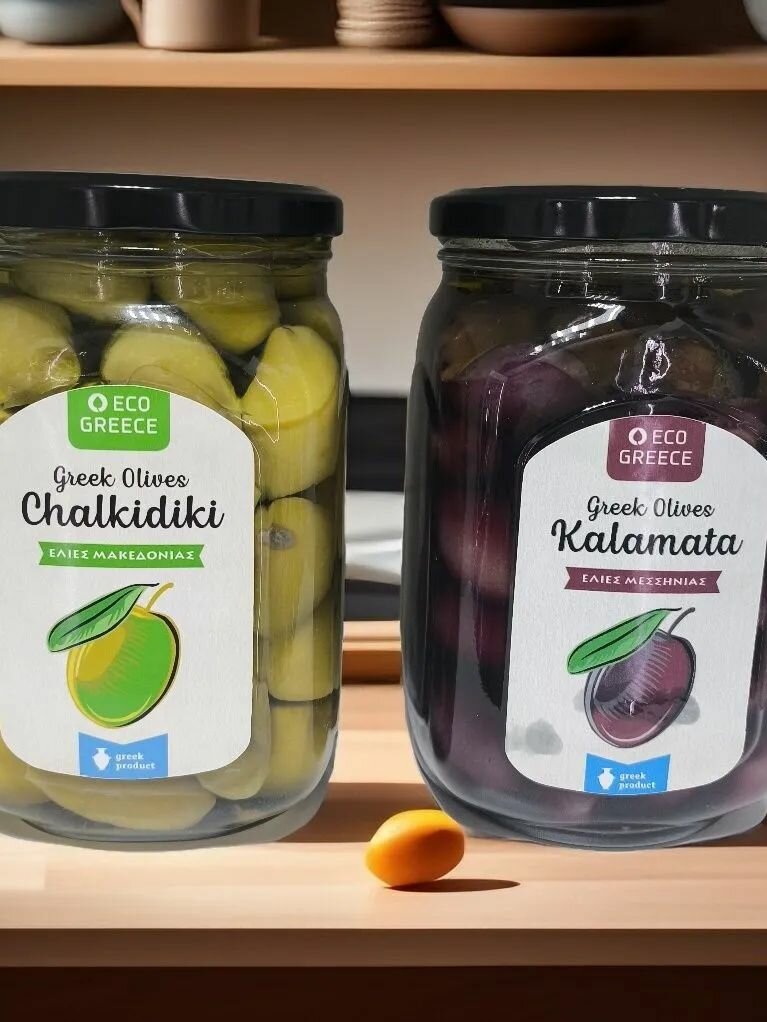 Оливки Халкидики и Каламата с косточкой,2 банки, Греция