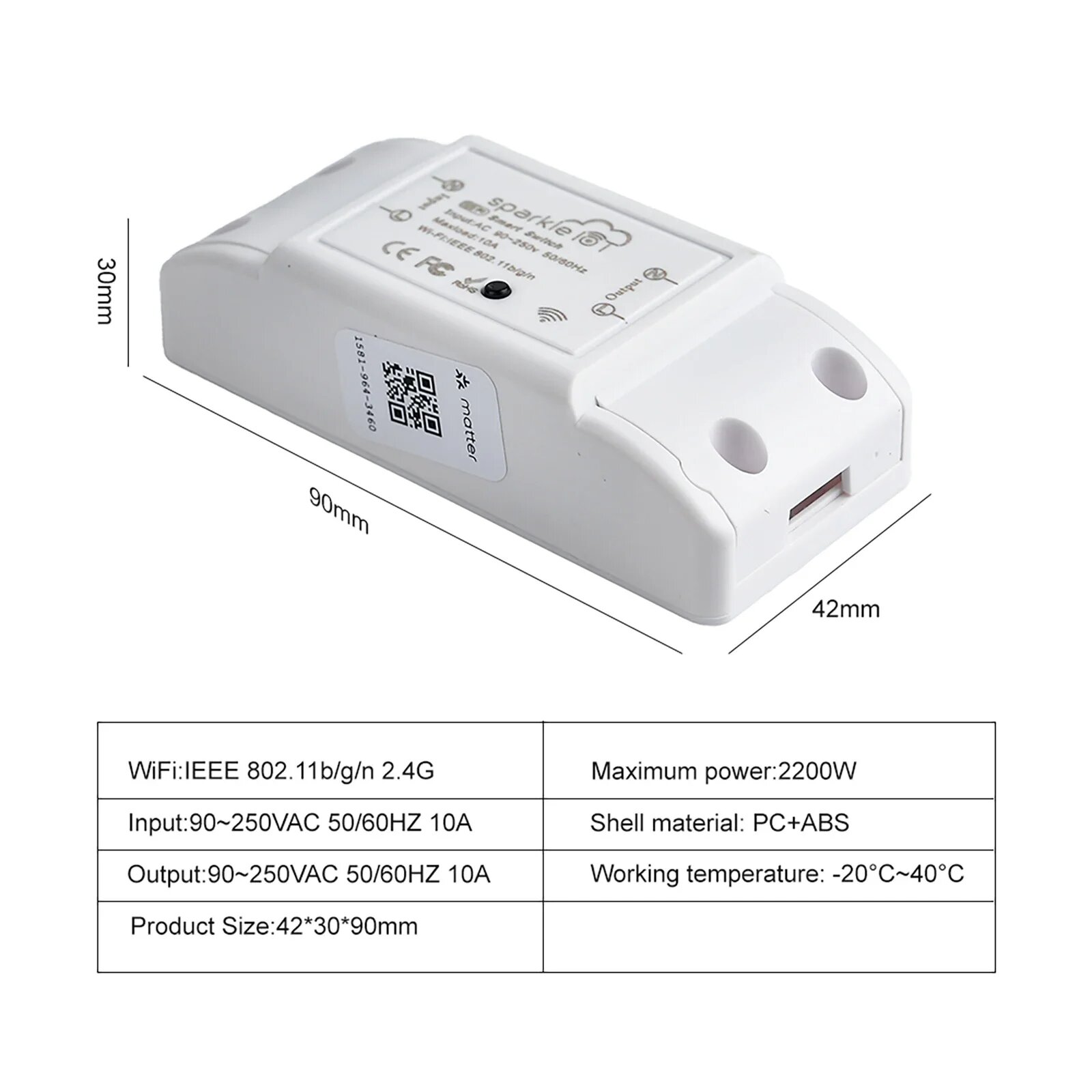 Умная розетка WiFi IEEE 802.11b/g/n 2.4G, 10A, 2200W, Цвет: