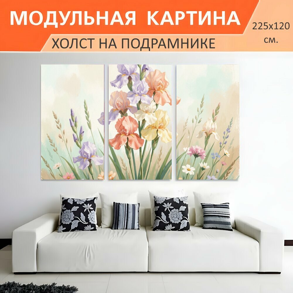 Модульная картина на холсте "Полевые ирисы и луговые цветы. Нежная цветочная композиция с высокими ирисами, разнотравьем и мелкими." триптих на подрамнике 225х120 см. для интерьера