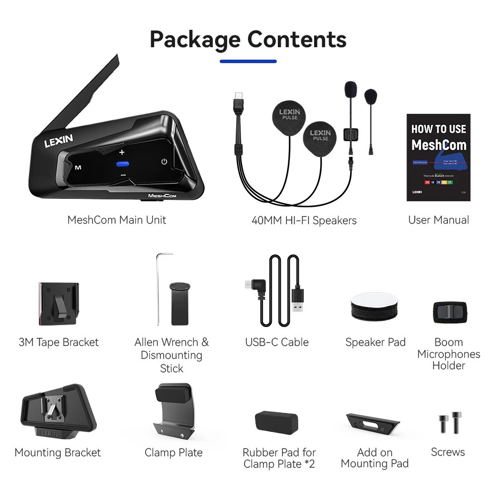Мотогарнитура Lexin MeshCom MESH & Bluetooth Intercom для шлема, Mesh-интерком для связи до 24 человек на расстоянии до 2 км