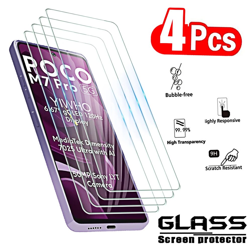 Набор Из 4 Защитных Пленок Из Закаленного Стекла Для Xiaomi Poco M7 Pro 5G M6 4G M5 M4 M3 Pro, Защитная Пленка С Полным Покры.