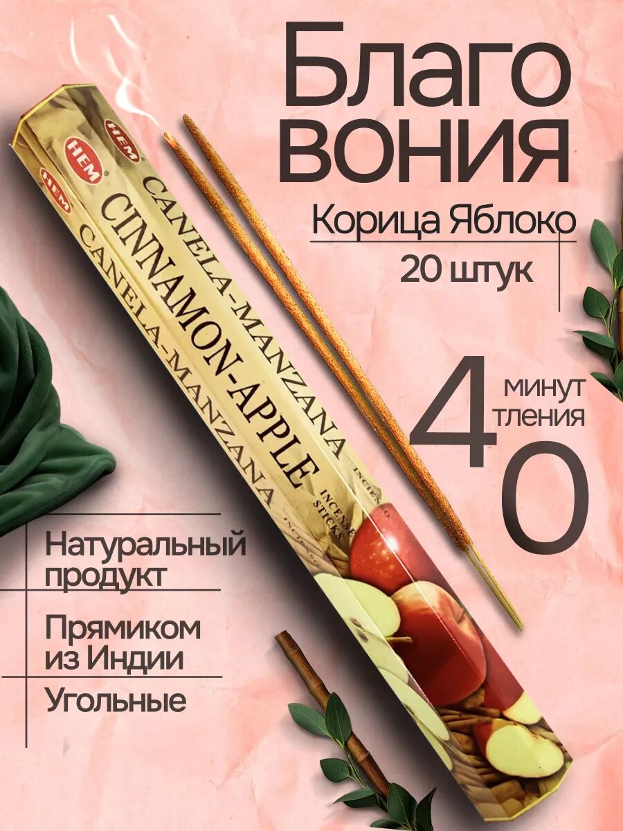 Индийские благовония HEM Cinnamon Apple (Яблоко-корица), 20 палочек