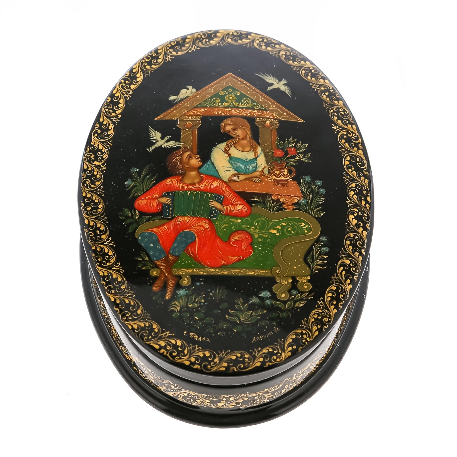 0060942/13*9см Лаковая миниатюра Палех шкатулка "У окна" Ларина