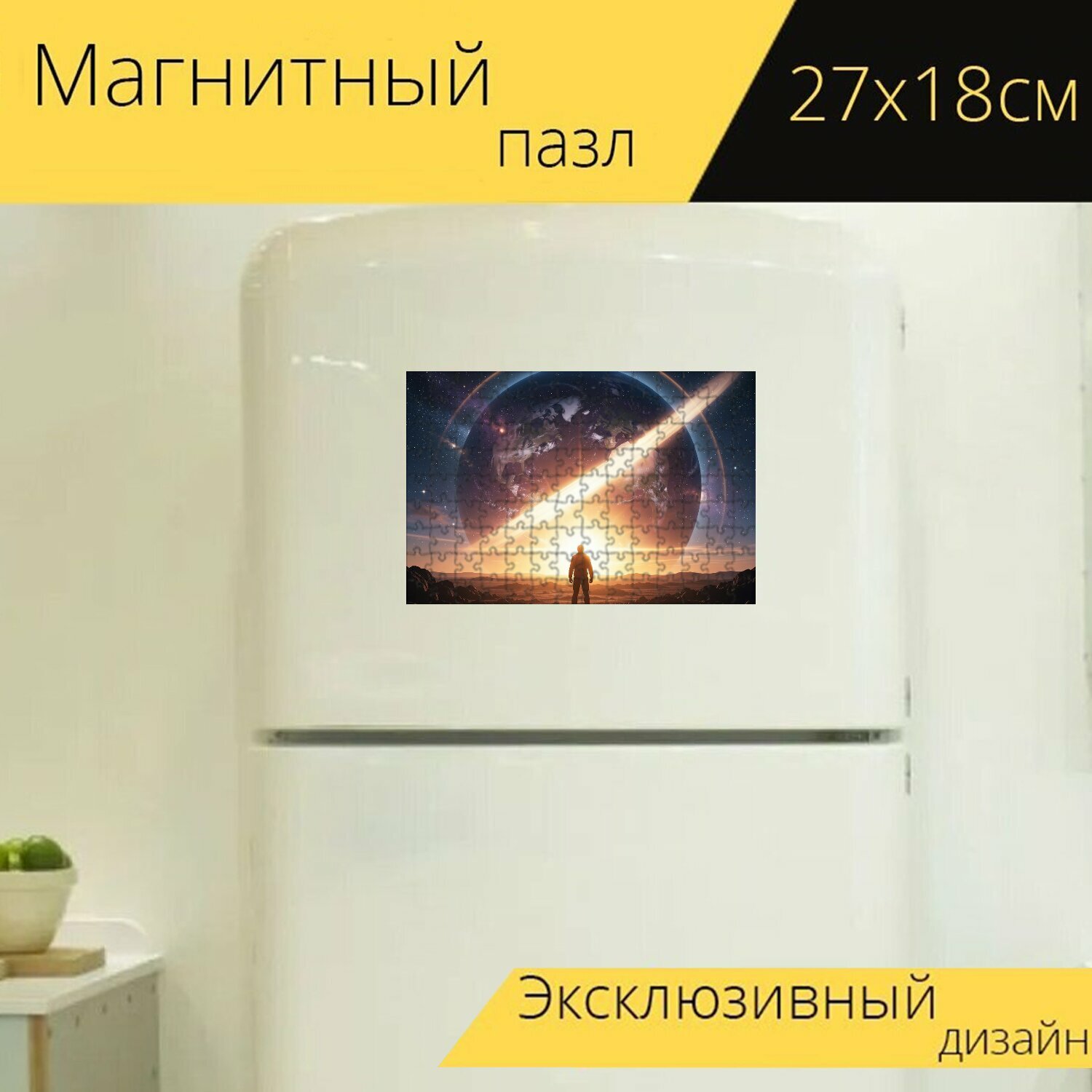 Магнитный пазл "Космический пейзаж с человеком. Футуристическая сцена с одинокой фигурой на фоне гигантской планеты, звёздного неба и яркого космического." на холодильник 27 x 18 см.