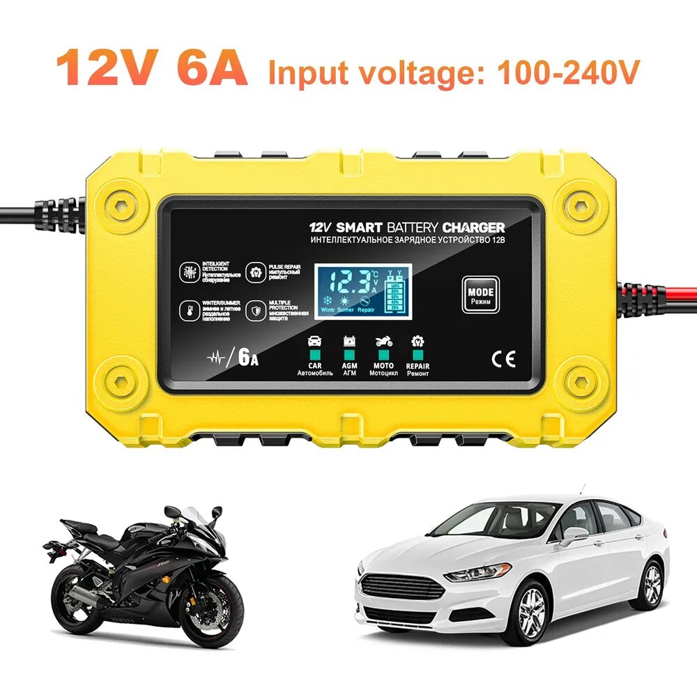 Устройство зарядное для АКБ, 158 мм, 12V 6A, Черный, желтый, с дисплеем, Китай