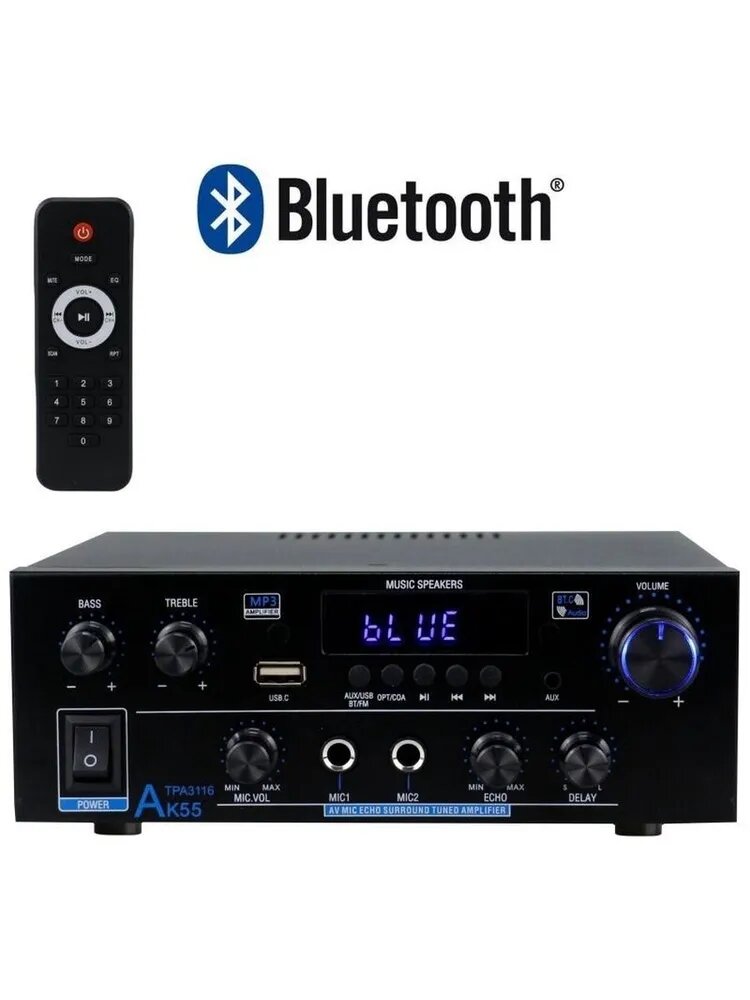 Усилитель AK-55 Hi-Fi 50Вт 2 Bluetooth/USB/SD/FM-радио, пульт ДУ, питание 110-240В, 4-16 Ом (стальной корпус, 2.0 канала)