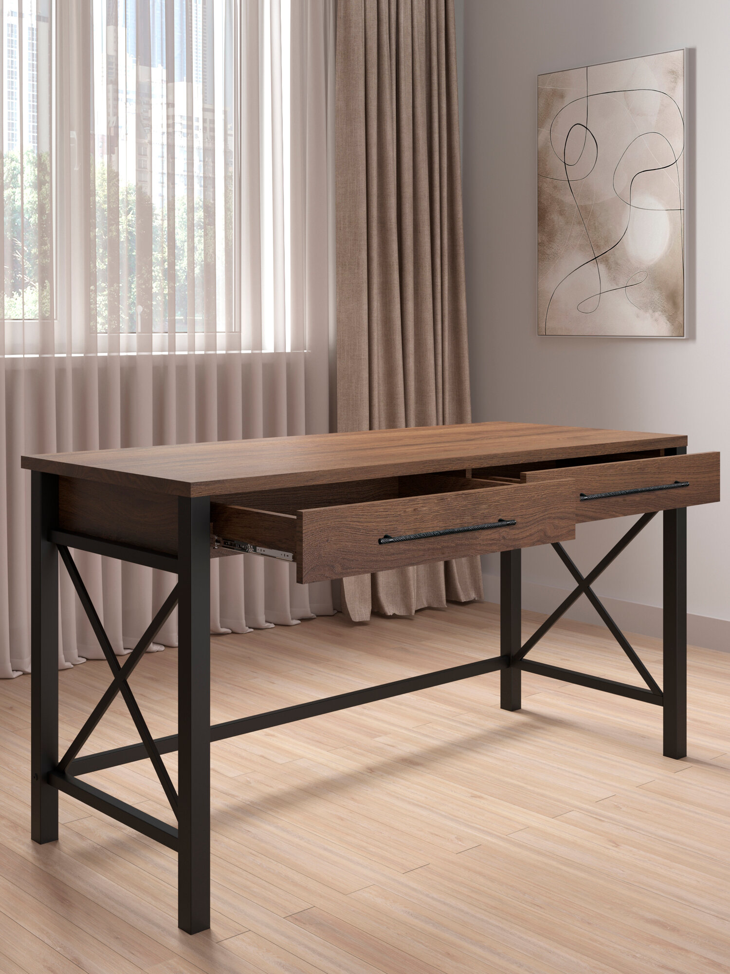 Стол компьютерный, письменный с ящиками Айленд 140х60 см, Дуб Чарльстон темно-коричневый