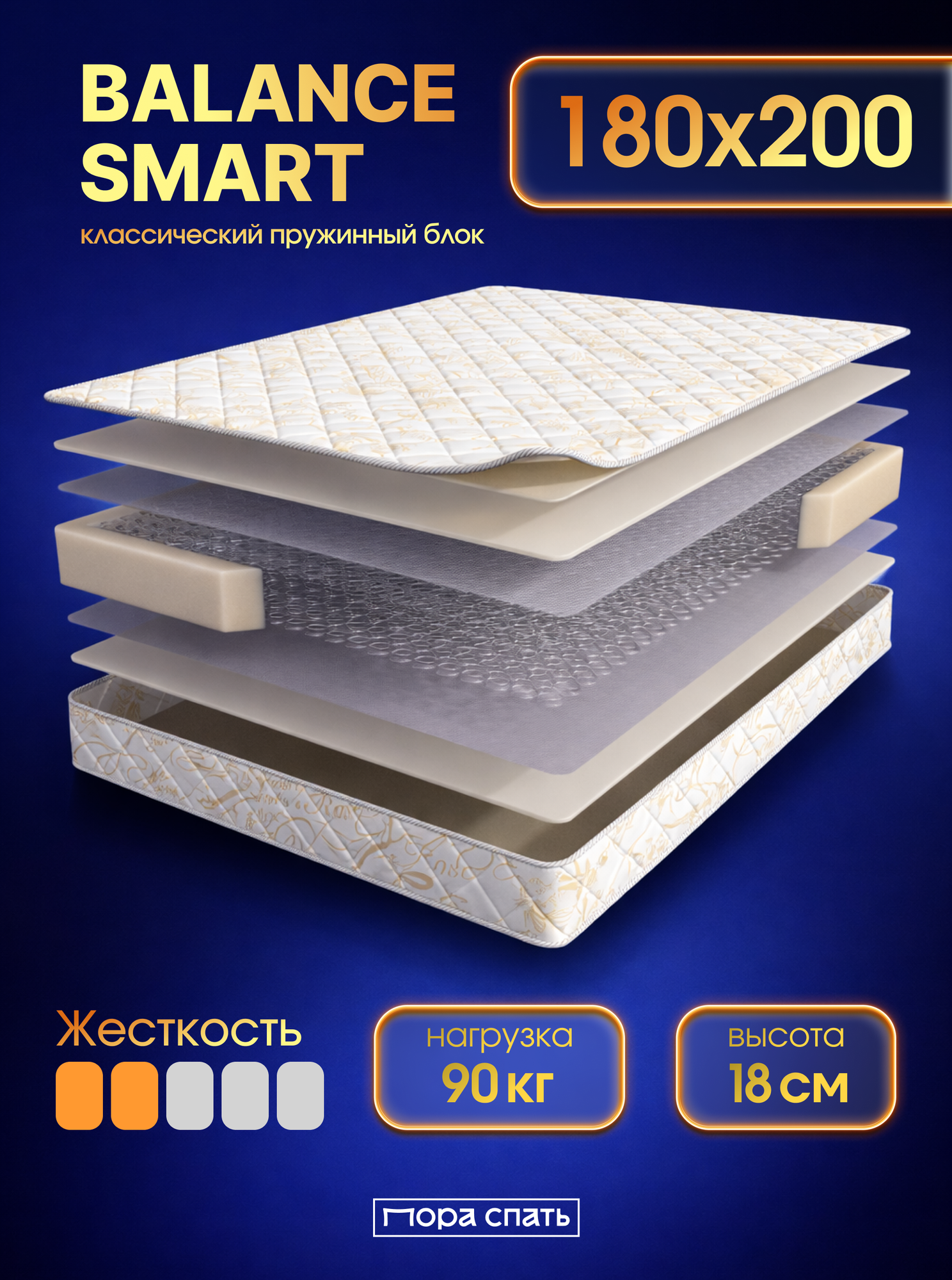 Матрас Balance Smart, ортопедический, зависимые пружины, 180х200 см