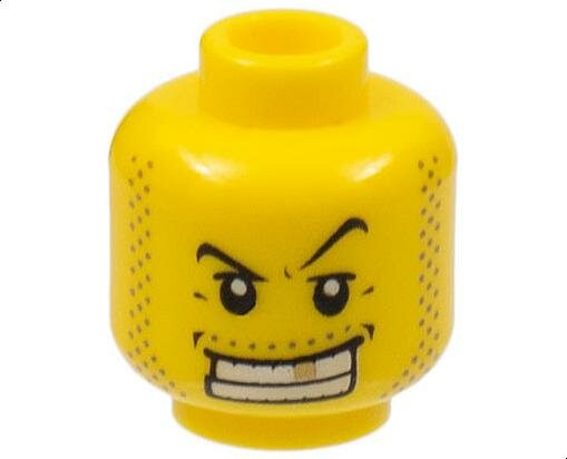 Деталь Lego 3626pb0302 Minifigure, Head Male Black Thin Eyebrows, Upper Eyelids, Moustache and Sideburns Stubble, Wide Open Mouth Smile with Teeth and Gold Tooth Pattern