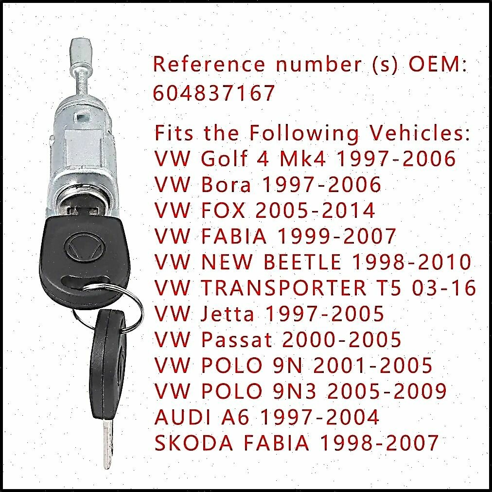 Личинка замка двери левая для VW Golf 4 и Volkswagen Polo IV (2001-2009), Skoda Fabia I (1999-2007) — 2 ключа.